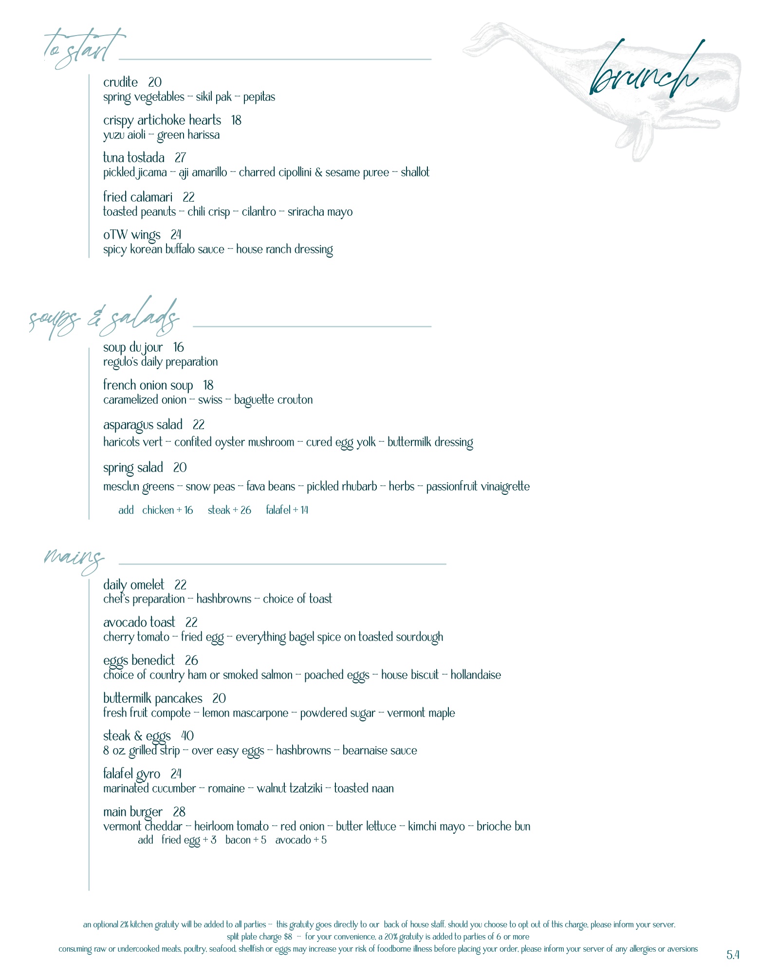 Menu - or, The Whale Restaurant, Nantucket