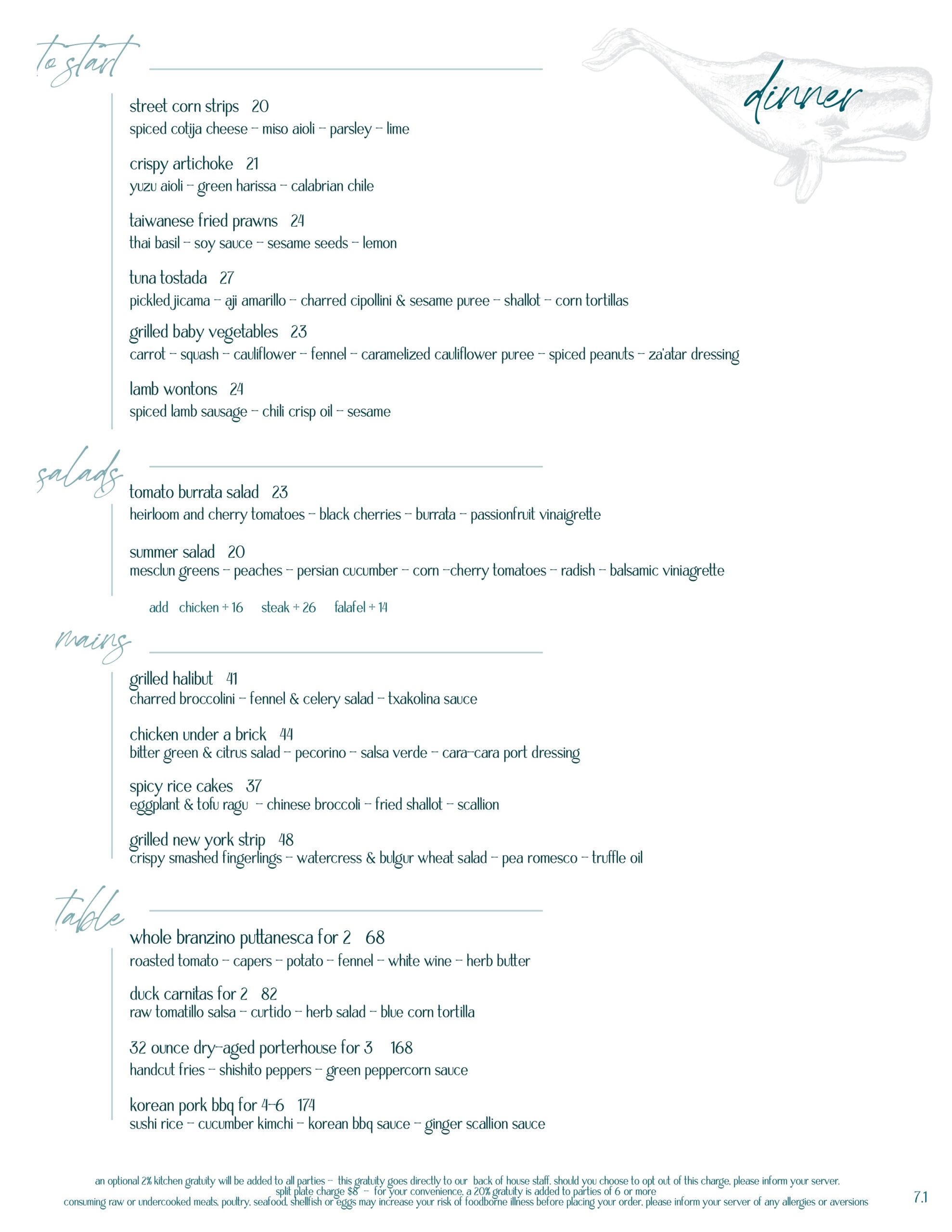 Dinner Menu - or, The Whale Restaurant, Nantucket